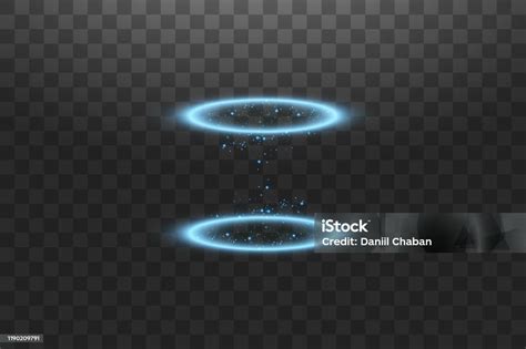 미래 텔레포트 매직 판타지 포털 라이트 효과 투명 한 배경에 불꽃과 밤 장면의 블루 촛불 광선 연단의 빈 빛 효과 디스코 클럽 댄스 플로어 3차원 형태에 대한 스톡 벡터