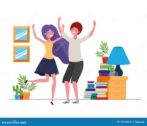 Young Couple Dancing In Living Room Character Stock Vector