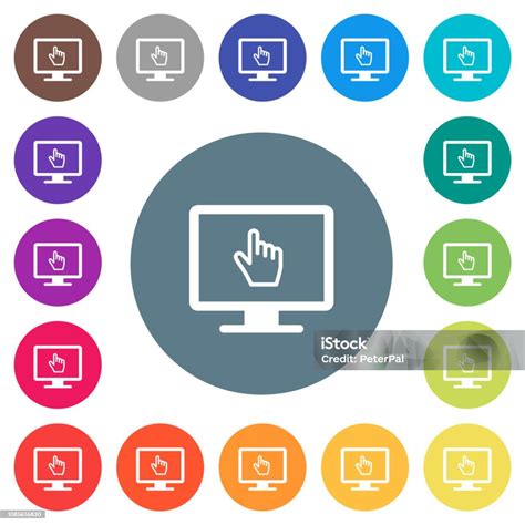 라운드 컬러 배경에 평면 흰색 커서 아이콘을 가리키는와 모니터링 Lcd에 대한 스톡 벡터 아트 및 기타 이미지 Lcd