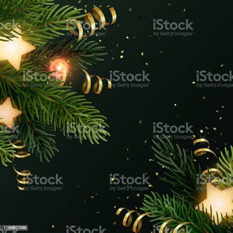 전나무 가지 빛나는 별 금 뱀과 빛나는 전구와 광장 크리스마스 배경 디자인 텍스트 공간이 있는 어두운 회색 배경입니다 벡터