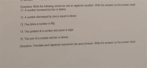 Solved Directions Write The Following Sentences Into An Algebraic