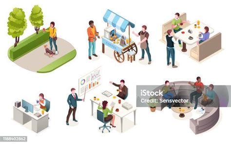 커피를 마시는 사람 벡터 등각투영 아이콘 세트 커피 바 또는 카페 및 레스토랑 테이크 아웃 노점상 여성 산책 및 사무실에서 종이 컵에서 모닝 커피를 마시는 노동자 등측투영법