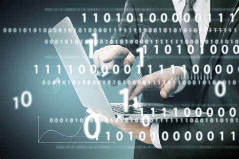 European Businessmen Pointing At Laptop Together With Abstract Glowing Interface With Binary