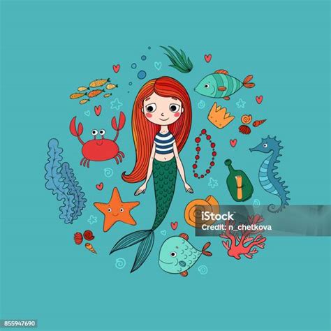 해양 그림을 설정합니다 작은 귀여운 만화 인 어 재미 있는 물고기 불가사리 메모 조류와 함께 병 다양 한 조개와 게 바다 테마입니다 여자 인어에 대한 스톡 벡터 아트 및