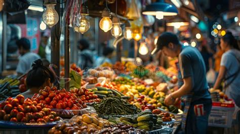 Vibrant Night Market Bustling With Detailed Vendors Foods And