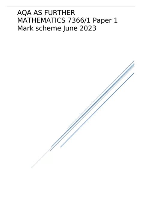 AQA AS FURTHER MATHEMATICS Paper Mark Scheme June AQA MATHEMATICS Stuvia US
