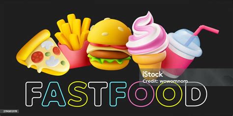 네온 컬러 단어와 함께 패스트 푸드 아이콘의 현실적인 세트의 벡터 그림 햄버거 아이스크림 감자 튀김 피자 콜라 소다 패스트 푸드 컬렉션의 3d 만화 스타일 디자인 거리에