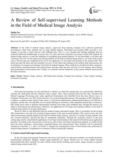 A Review Of Self Supervised Learning Methods In The Field Of Medical Image Analysis Ijigsp