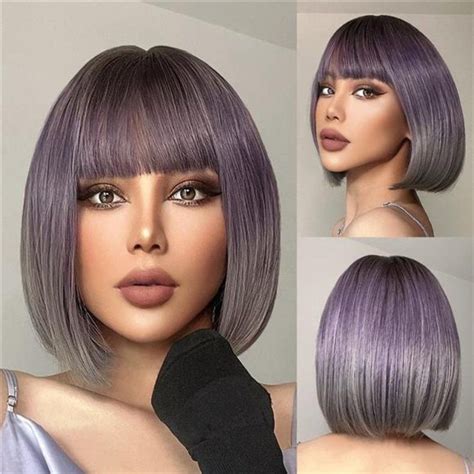 Natural Short Bob Hair Wigs 12inch Purple Grey En 2024