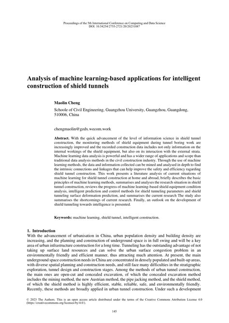 Pdf Analysis Of Machine Learning Based Applications For Intelligent Construction Of Shield Tunnels