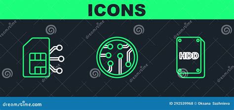 Set Line Hard Disk Drive HDD Sim Card And Processor Icon Vector Stock Vector Illustration Of