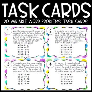 Word Problems With Variables Task Cards By Lattes And Lesson Plans