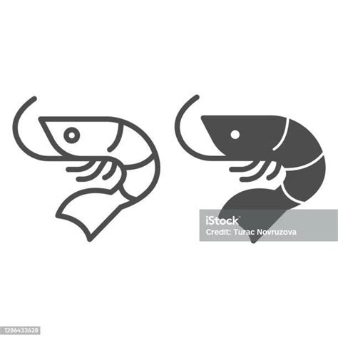 새우 라인과 단단한 아이콘 생선 시장 개념 흰색 배경에 해산물 기호 모바일 개념및 웹 디자인을위한 윤곽 스타일의 새우 아이콘 벡터 그래픽 갑각류에 대한 스톡 벡터 아트 및