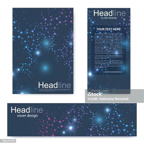전단지 브로셔 크기 A4 템플릿 배너를 설정합니다 연결된 선과 점이 있는 분자 구조 잡지 전단지 표지 포스터 디자인을위한 요소와 과학 패턴 원자 Dna 0명에 대한 스톡