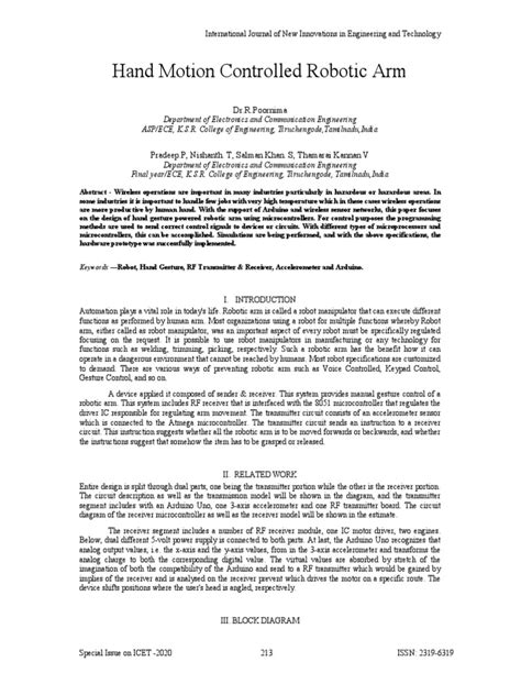 Hand Motion Controlled Robotic Arm Pdf Electric Motor Arduino