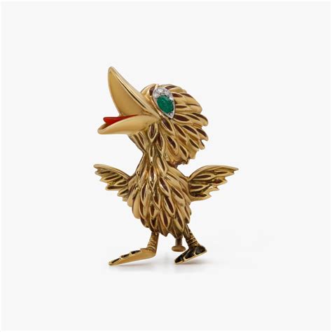18k Yellow Gold Diamond And Cabochon Emerald Duck Pin Brooch Giorgio