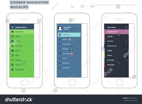 sidebar navigation screen mockups mobile ui เวกเตอร์สต็อก ปลอดค่า