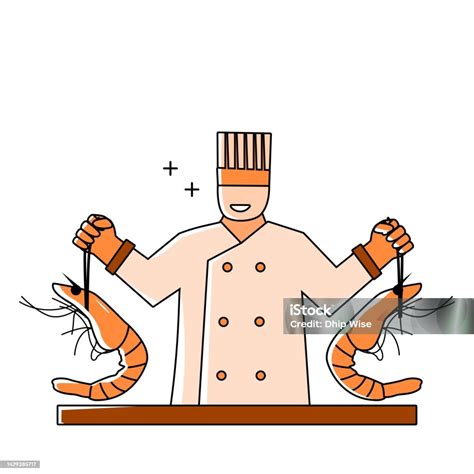 평면 디자인 개요 스타일을 사용하여 해산물을 요리하는 요리사의 그림 건강한 생활방식에 대한 스톡 벡터 아트 및 기타 이미지 건강한 생활방식 건강한 식생활 굽기