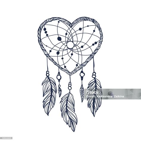 손으로 그린 아메리카 원주민 부적 드림캐쳐 하트 깃털 벡터 힙스터 그림은 흰색으로 분리되어 있습니다 에스닉 디자인 보헤미안 시크 부족의 상징 성인을 위한 색칠하기 책 달