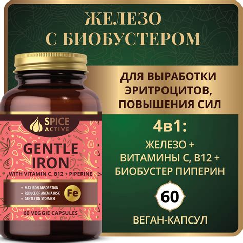 Легкодоступное железо Spice Active с витаминами С, В12 и пиперином, 60 ...