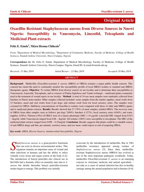Pdf Original Article Oxacillin Resistant Staphylococcus Aureus From Diverse Sources In Nnewi