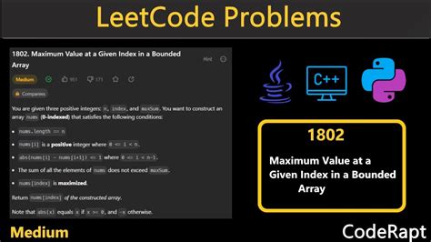 Maximum Value At Given Index In Bounded Array Leetcode Q1802