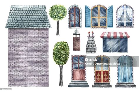 집은 건설 키트입니다 빈티지 하우스를 만들기 위한 세트입니다 정면 창문 문 손으로 만든 수채화 일러스트 스크러빙 어린이 게임 엽서 포장을 위한 디자인 요소 0명에 대한 스톡
