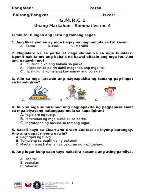 Summative Test No 4 Matatag Q1 Gmrc Pdf
