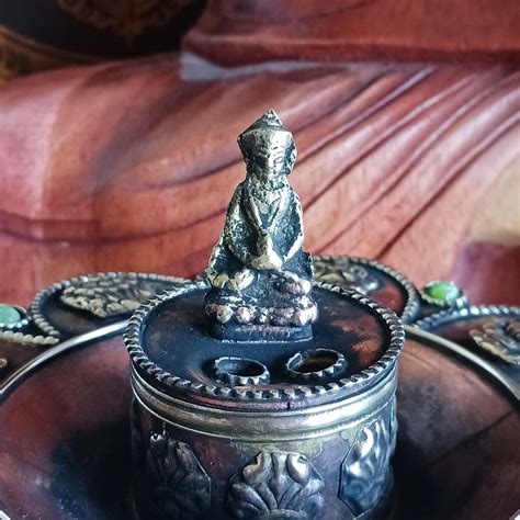 Round Copper Tibetan Incense Burner With Auspicious Symbols And Stones