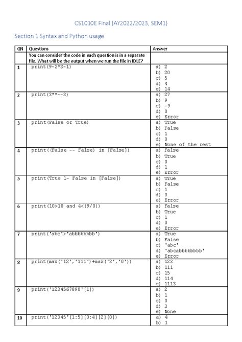 Cs1010e Final Exam Section 1 Python Syntax And Output Questions Studocu