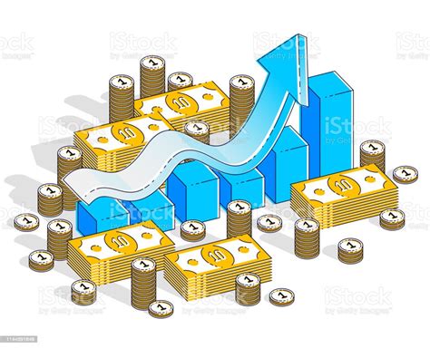 성공과 소득 증가 개념 흰색 배경에 고립 된 현금 돈 스택과 성장 차트 통계 바 벡터 3d 아이소메트릭 비즈니스 및 금융 그림 얇은 라인 디자인 0명에 대한 스톡 벡터 아트