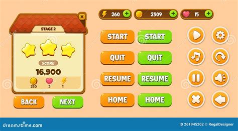 game ui kit cartoon style buttons icons and pop up stock vector