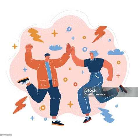 젊은 남자와 여자의 벡터 그림 점프와 주는 하이 파이브 좋은 직업 개념 팀 축하 우승 남자에 대한 스톡 벡터 아트 및 기타 이미지 남자 동료 명랑한 Istock