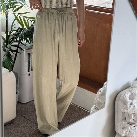 리오 밴딩팬츠66반까지면바지와이드바지와이드핏허리밴딩나일론면원단허리밴드바지통바지통팬츠리본끈묶음베이지