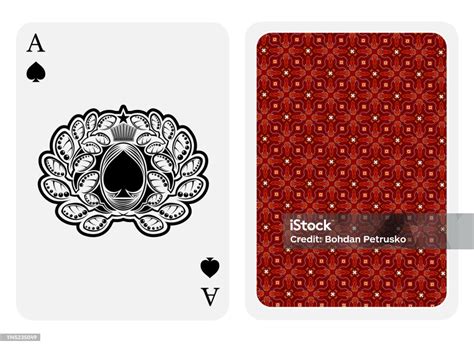 스페이드의 에이스는 타원형 잎과 베리와 백 레드 텍스처 정장 화 환 내부 스페이드와 얼굴 벡터 카드 템플릿 카드 여가활동 게임에 대한 스톡 벡터 아트 및 기타 이미지