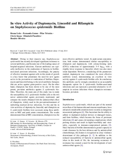Pdf In Vitro Activity Of Daptomycin Linezolid And Rifampicin On Staphylococcus Epidermidis
