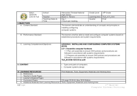 Dll In Css 10 Downloaded Daily Lesson Log In Tle School Wenceslao