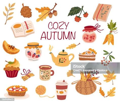 아늑한 가을 아이템 허브 차 호박 파이 베리 잼 케이크 계피 책 니트 아늑함과 편안한 라이프 스타일 겨울과 가을 분위기의