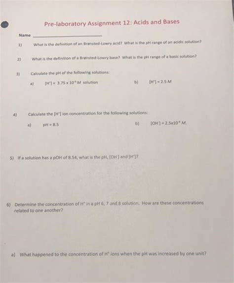 Solved Pre Laboratory Assignment Acids And Bases Name Chegg