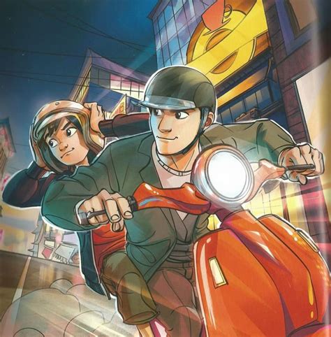 Hiro Hamada And Tadsashi Riding On The Moped To Escape From The Bot