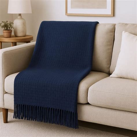 Homeroots Navy Blue Solid Color Cotton Blend Throw Blanket 2000632911