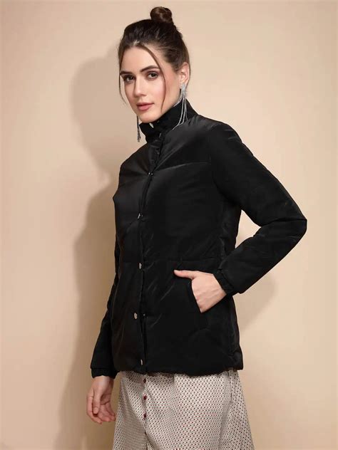Womens Solid Turtle Neck Black Jacket