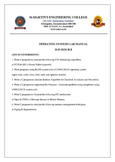 OS LAB Manual 2 2 R18 Babe Final Updated St S ENGINEERING COLLEGE An UGC Autonomous