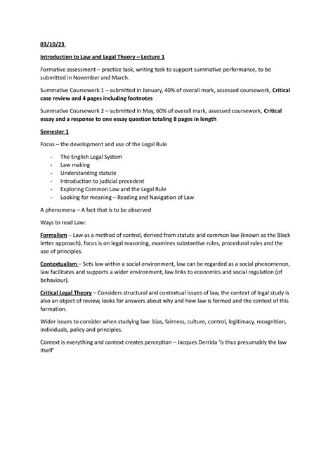 Week 1 Lecture 1 Notes 0310 Introduction To Law And Legal Theory