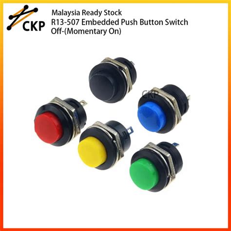 R13 507 Ms 327 Embedded Push Button Switch Off Momentary On 2 Pin 3a 250vac Red Green Yellow