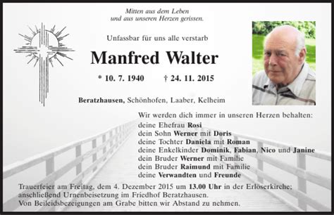 Traueranzeigen Von Manfred Walter Mittelbayerische Trauer
