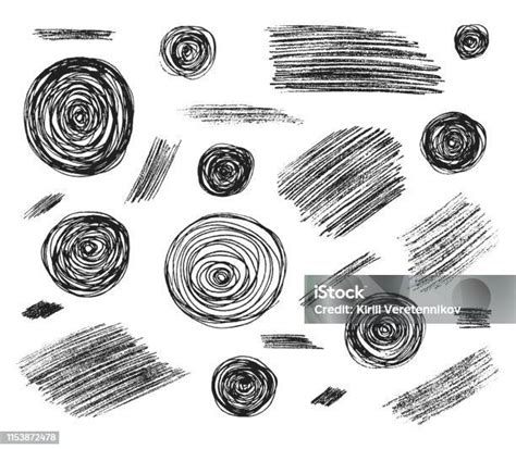 손으로 그린 연필 낙서 원형 및 사각형 그런 지 거친 프레임의 집합입니다 검은 석탄 가장자리 텍스처입니다 벡터 격리 해치 요소입니다 가장자리에 대한 스톡 벡터 아트 및 기타