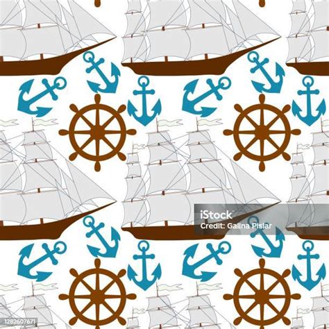 배 스티어링 휠 흰색 배경에 앵커가 있는 귀여운 매끄러운 패턴 평평한 스타일의 해양 아이템 장식 및 디자인 직물 벽지 포장지 갈매기에 대한 스톡 벡터 아트 및 기타 이미지