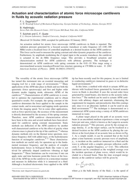 Pdf Actuation And Characterization Of Atomic Force Microscope Cantilevers In Fluids By