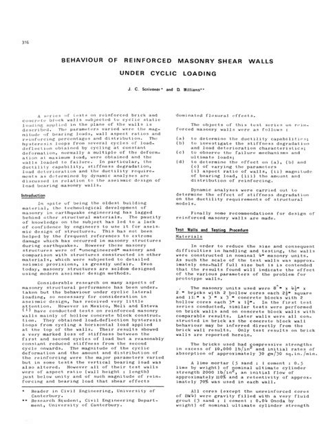 Behaviour Of Reinforced Masonry Shear Walls Under Cyclic Loading 1971 Pdf Building